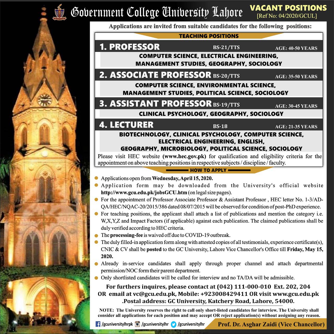 Gc University Lahore Teaching Jobs 2020 Apply Now